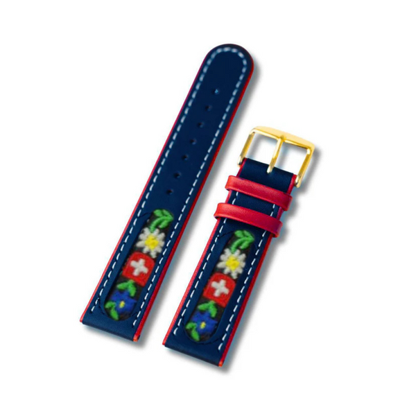 Bracelet montre en cuir pas cher veau motif Speciale Swiss - Edelwe...